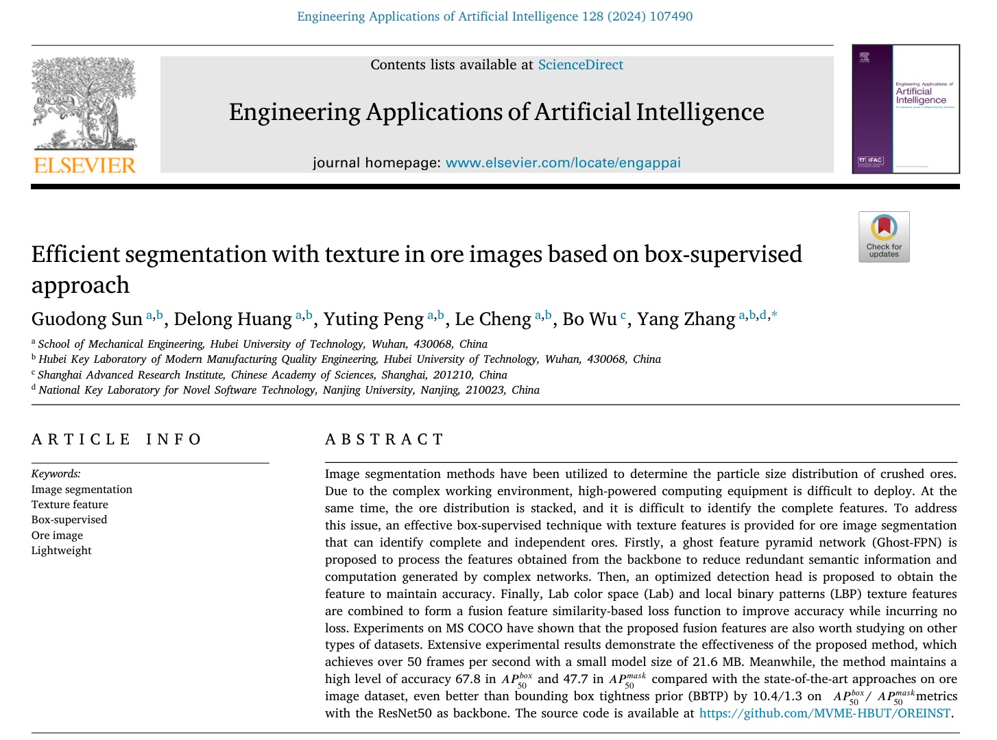 机器视觉与智能装备团队在人工智能TOP期刊《Engineering Applications of Artificial Intelligence》发表最新研究成果-湖北工业大学机械工程学院